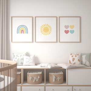 Cute Pastel Rainbow, Sun, Hearts, Set of 3 Prints, Nursery Prints ...