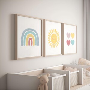 Cute Pastel Rainbow, Sun, Hearts, Set of 3 Prints, Nursery Prints ...