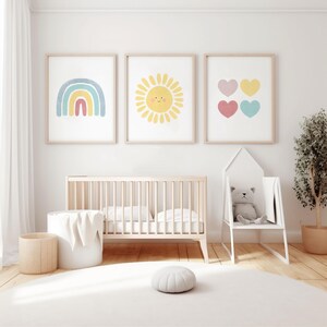 Cute Pastel Rainbow, Sun, Hearts, Set of 3 Prints, Nursery Prints ...