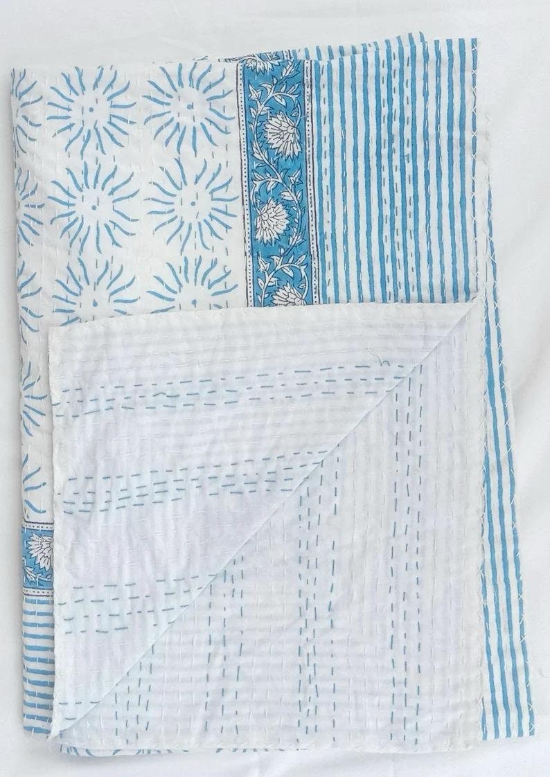 Blue Kantha Queen Sun Print Kantha Quilt a Pure Cotton Hand Stitched ...