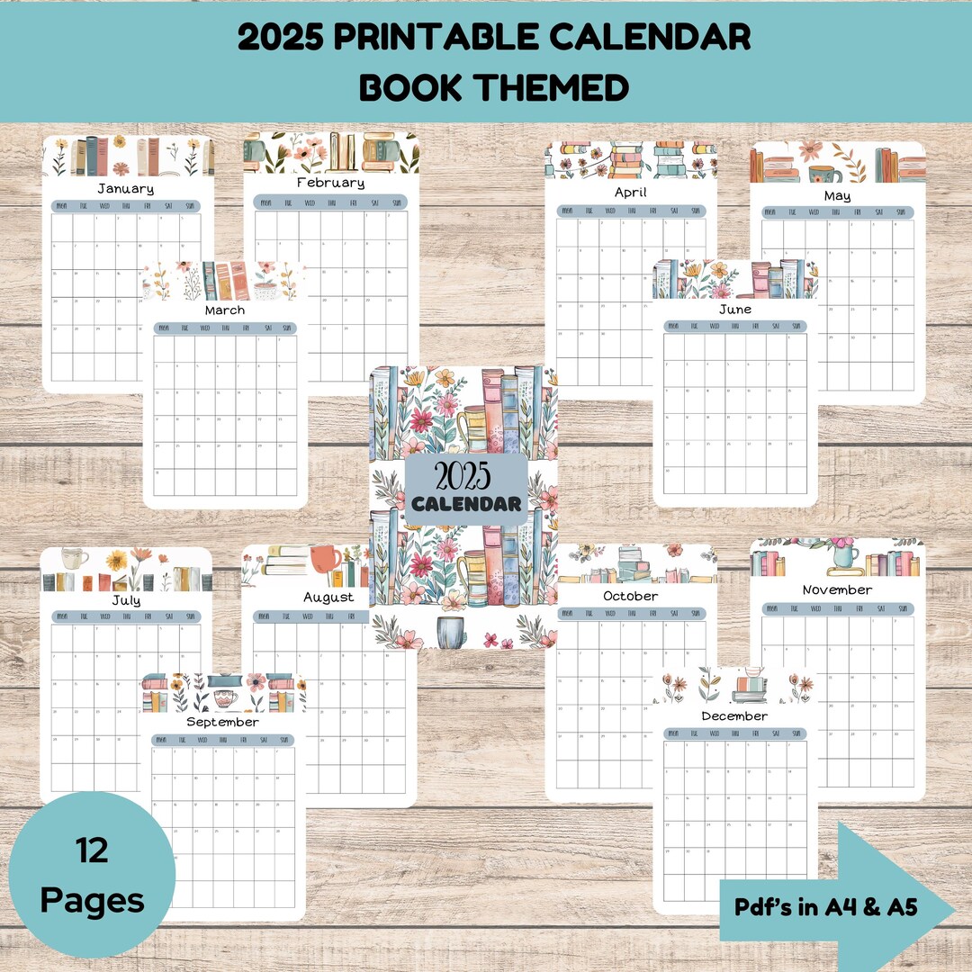 12 Month Calendar Pages Bundle, Book Themed, 2025 Year Calendar, 12 ...