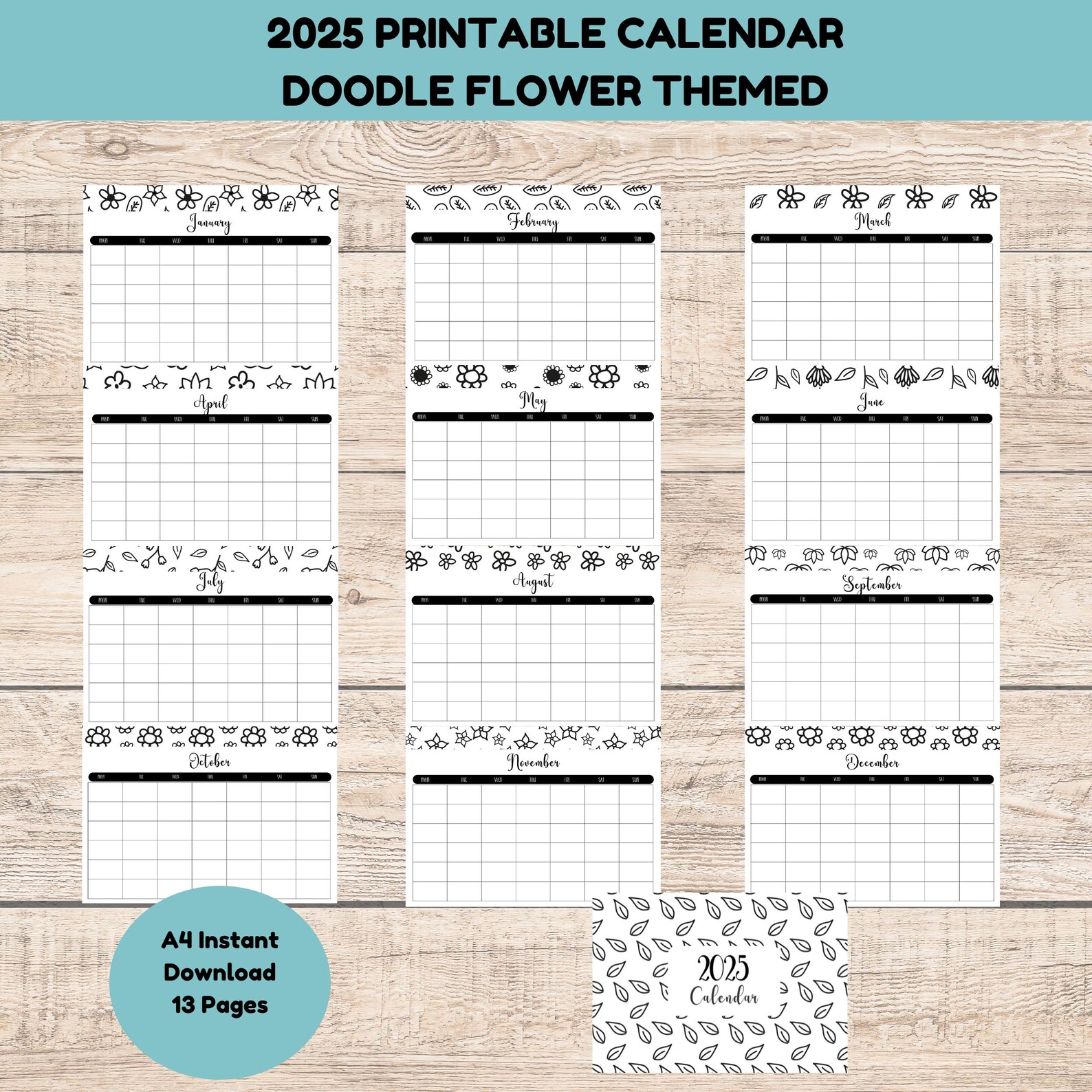 A4 Landscape Calendar Pages Bundle, Doodle Flower Themed, 2025 Year ...