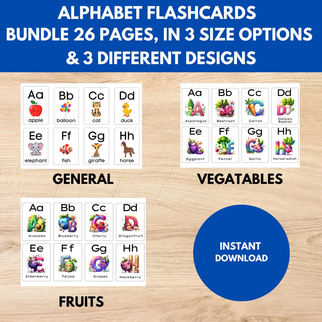 Alphabet Flashcards Bundle, Objects, Vegetable Themed & Fruit Themed ...