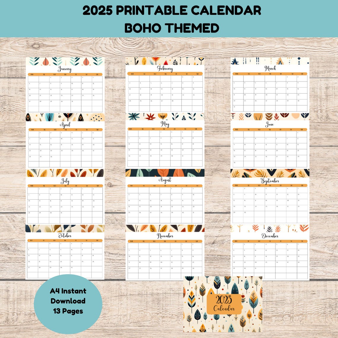 A4 Landscape Calendar Pages Bundle, Boho Themed, 2025 Year Calendar, 12 ...