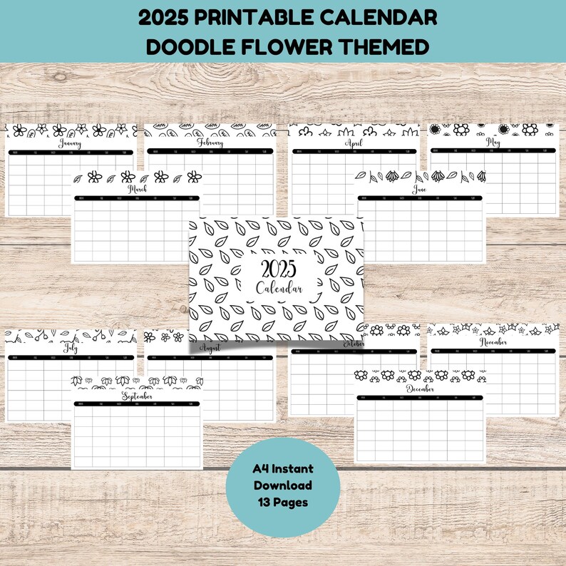 A4 Landscape Calendar Pages Bundle, Doodle Flower Themed, 2025 Year ...