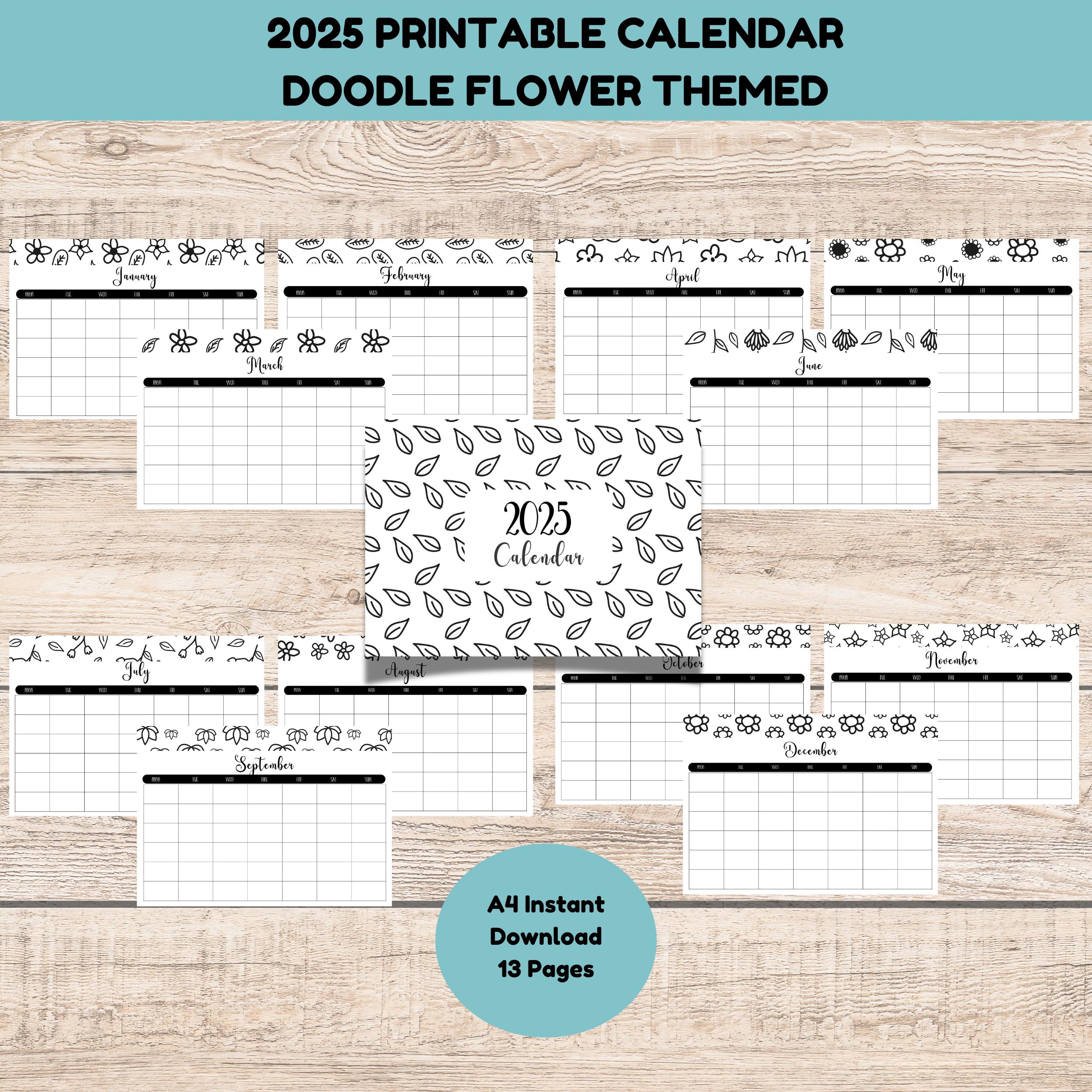 A4 Landscape Calendar Pages Bundle, Doodle Flower Themed, 2025 Year ...