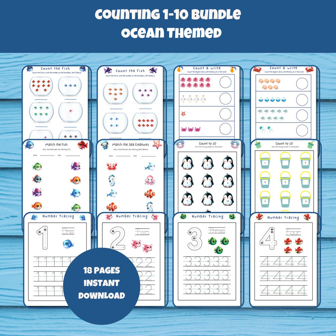 Number Worksheets for Preschoolers, Counting 1-10 Printable Bundle ...