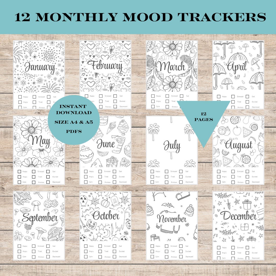 Bullet Journal Monthly Mood Trackers, BUJO Printable Mood Tracker Pages ...