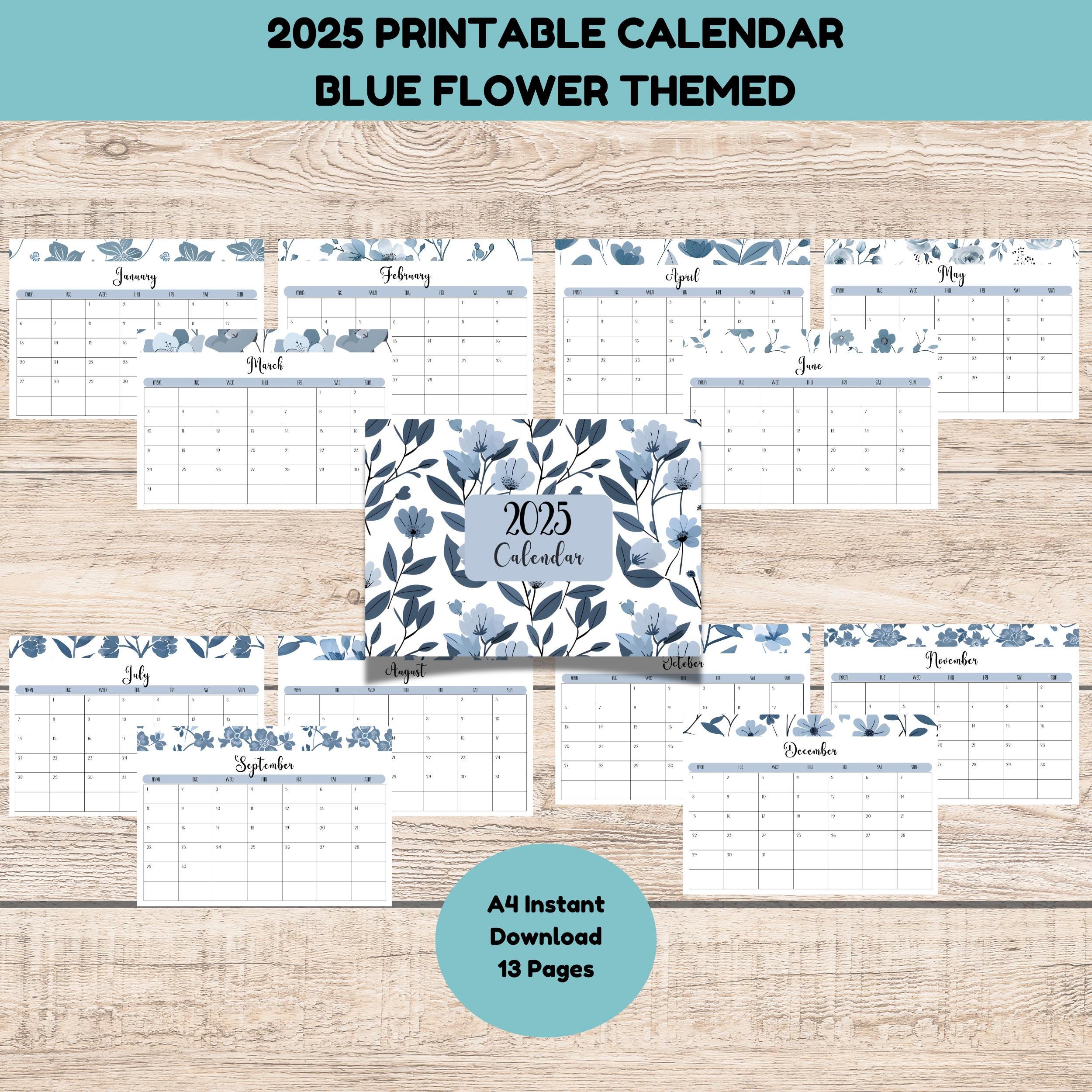 A4 Landscape Calendar Pages Bundle, Blue Flowers Themed, 2025 Year ...