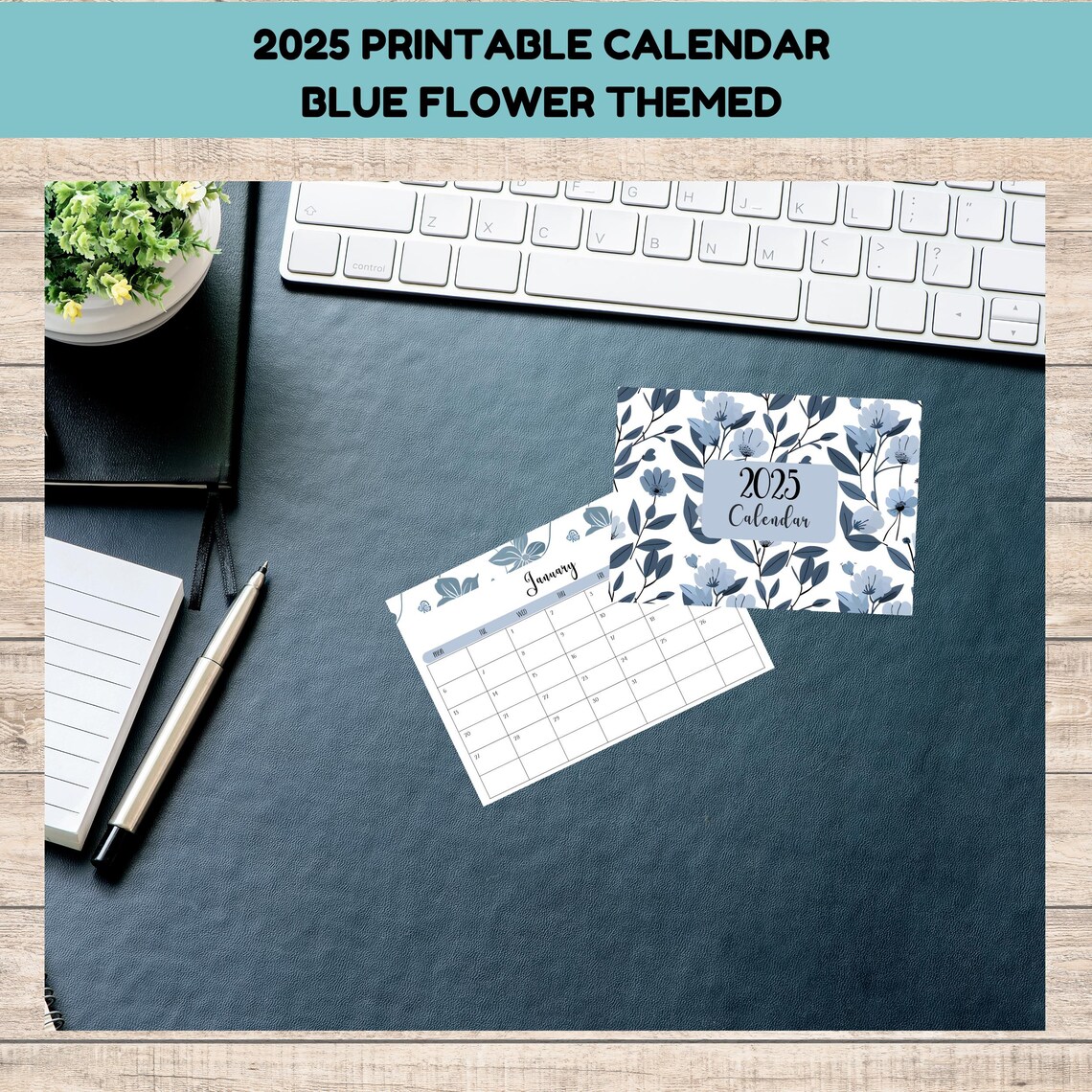 A4 Landscape Calendar Pages Bundle, Blue Flowers Themed, 2025 Year ...