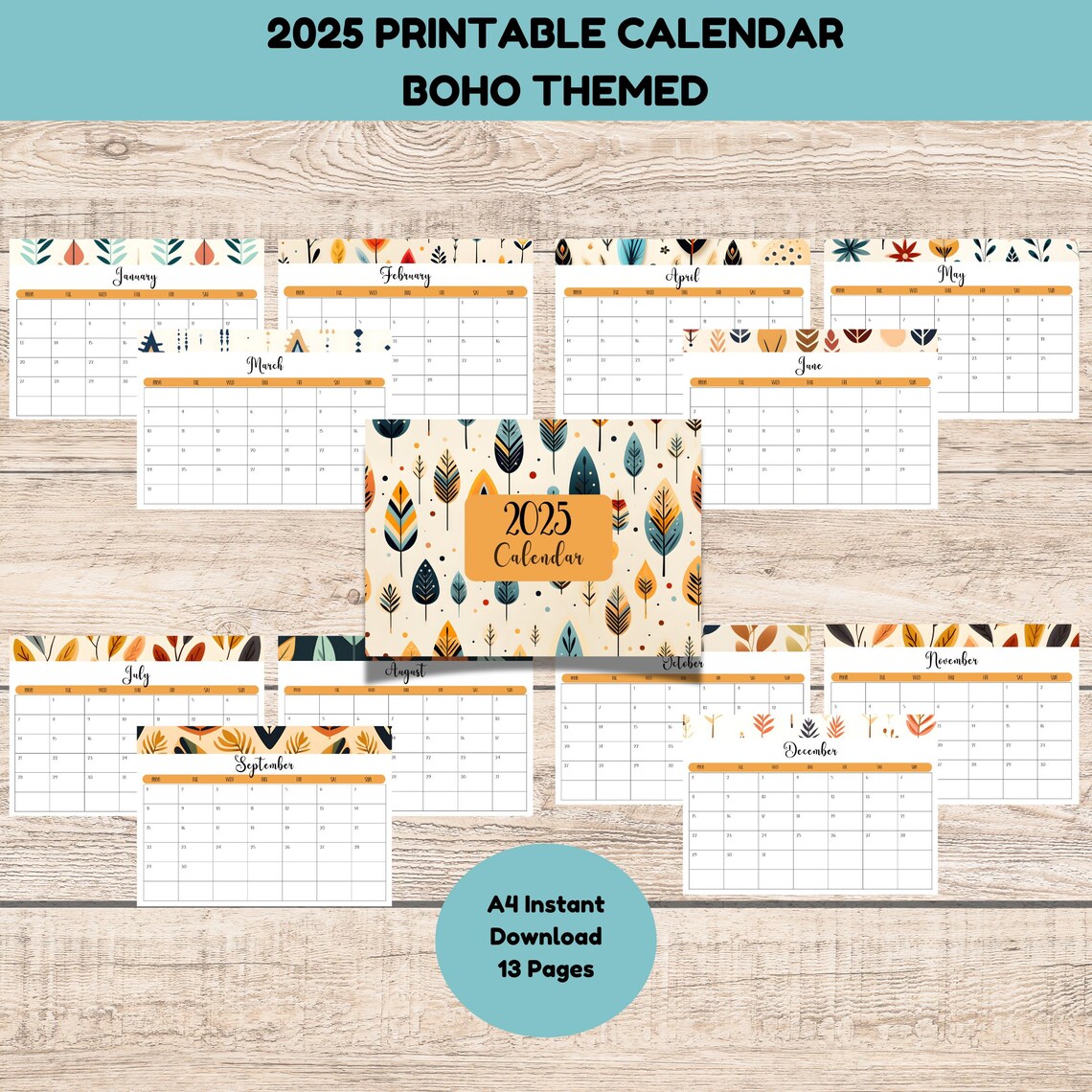 A4 Landscape Calendar Pages Bundle, Boho Themed, 2025 Year Calendar, 12 ...