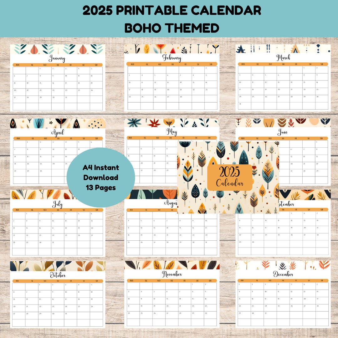 A4 Landscape Calendar Pages Bundle, Boho Themed, 2025 Year Calendar, 12 ...