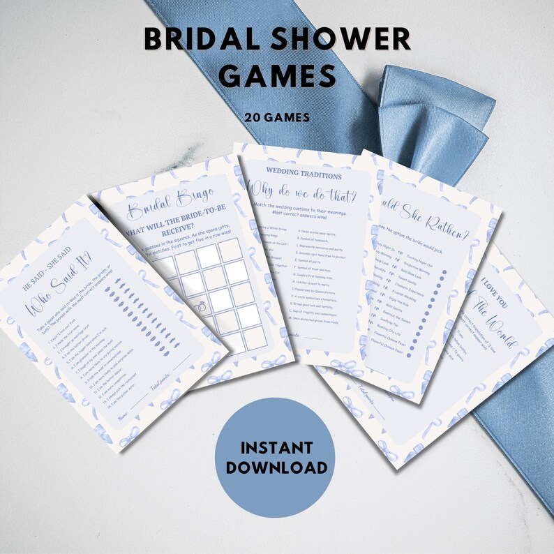 Something Blue Bridal Shower Games Bundle, 20 Minimalist Activities ...