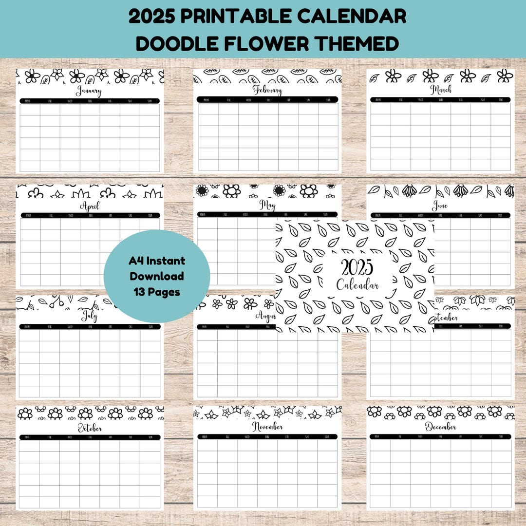 A4 Landscape Calendar Pages Bundle, Doodle Flower Themed, 2025 Year ...