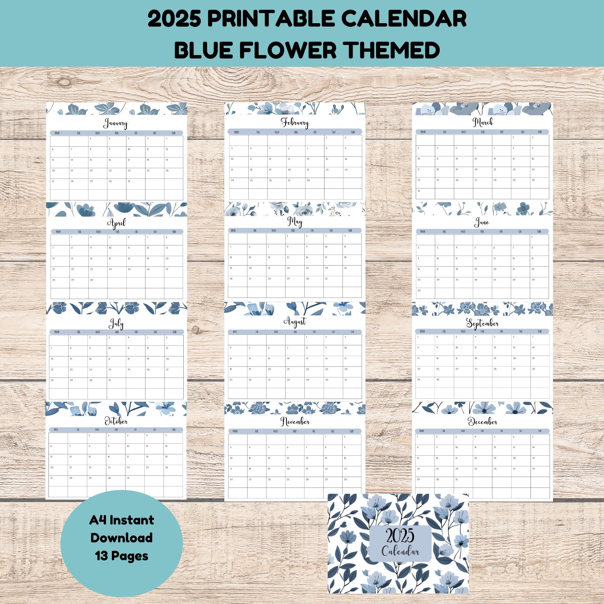A4 Landscape Calendar Pages Bundle, Blue Flowers Themed, 2025 Year ...