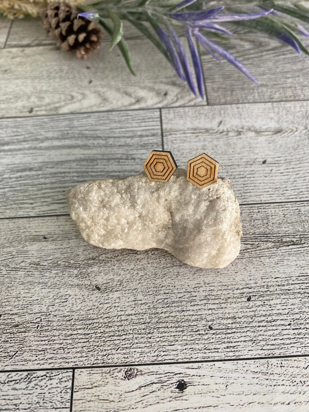 Geometric Hexagon Stud Earrings / Wooden Stud Earring / Minimalist ...