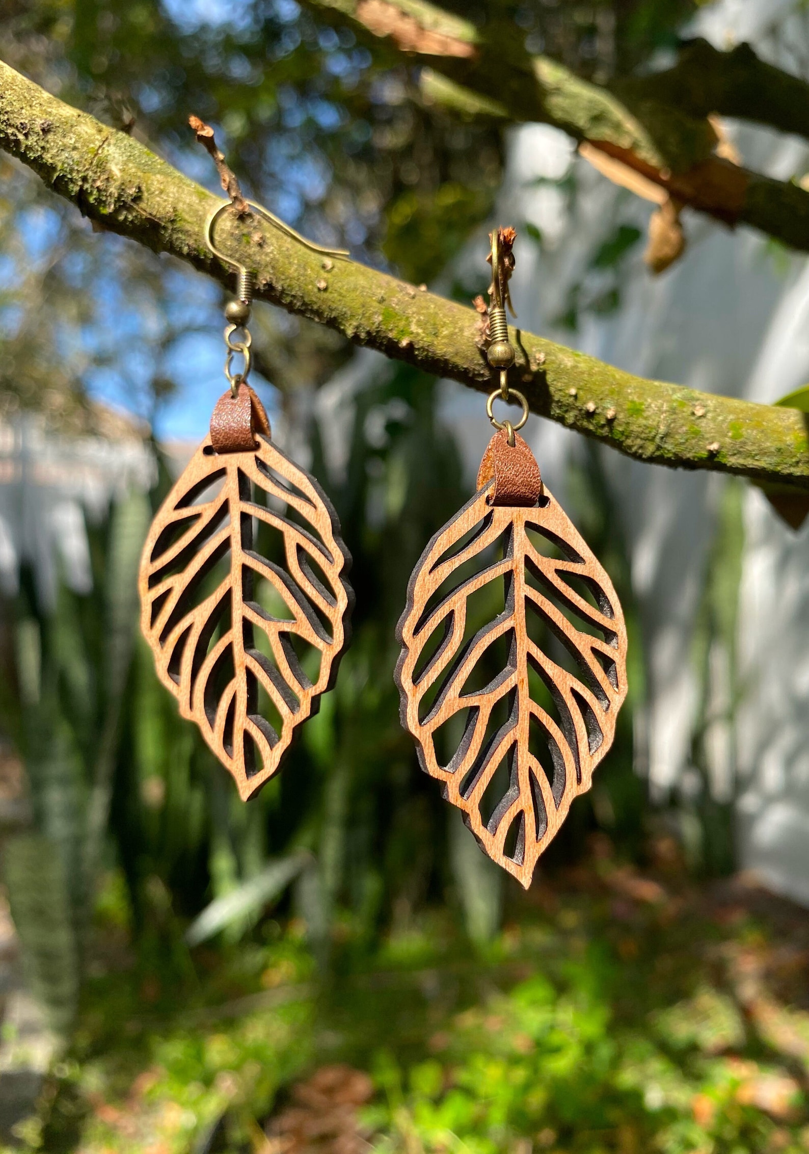 Wood Leaf Earring With Leather / Boho Earrings / Dangle Natural ...