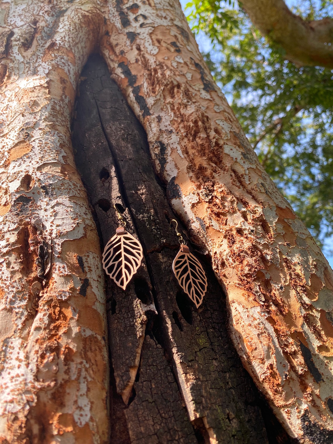 Wood Leaf Earring With Leather / Boho Earrings / Dangle Natural ...