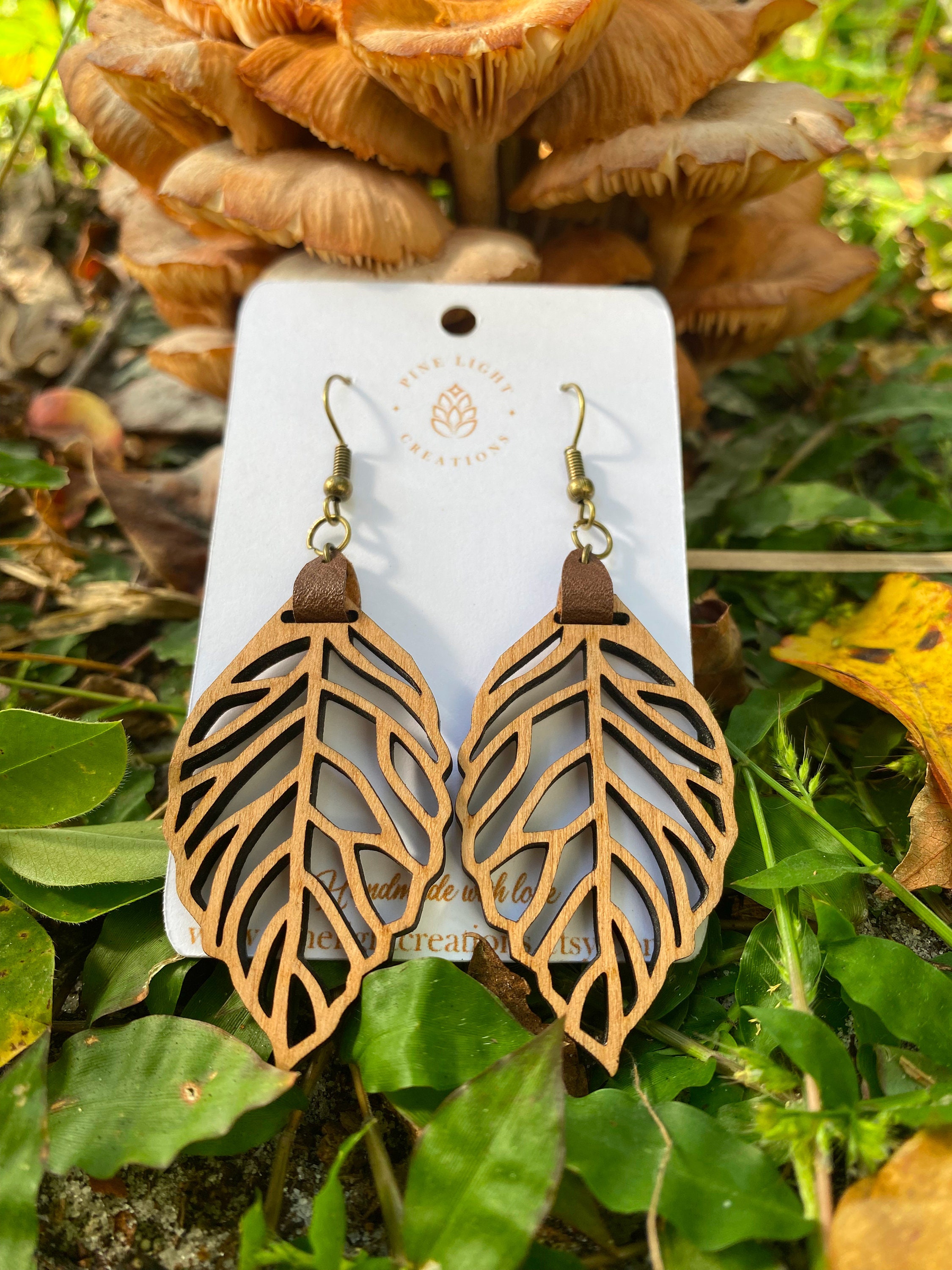 Wood Leaf Earring With Leather / Boho Earrings / Dangle Natural ...