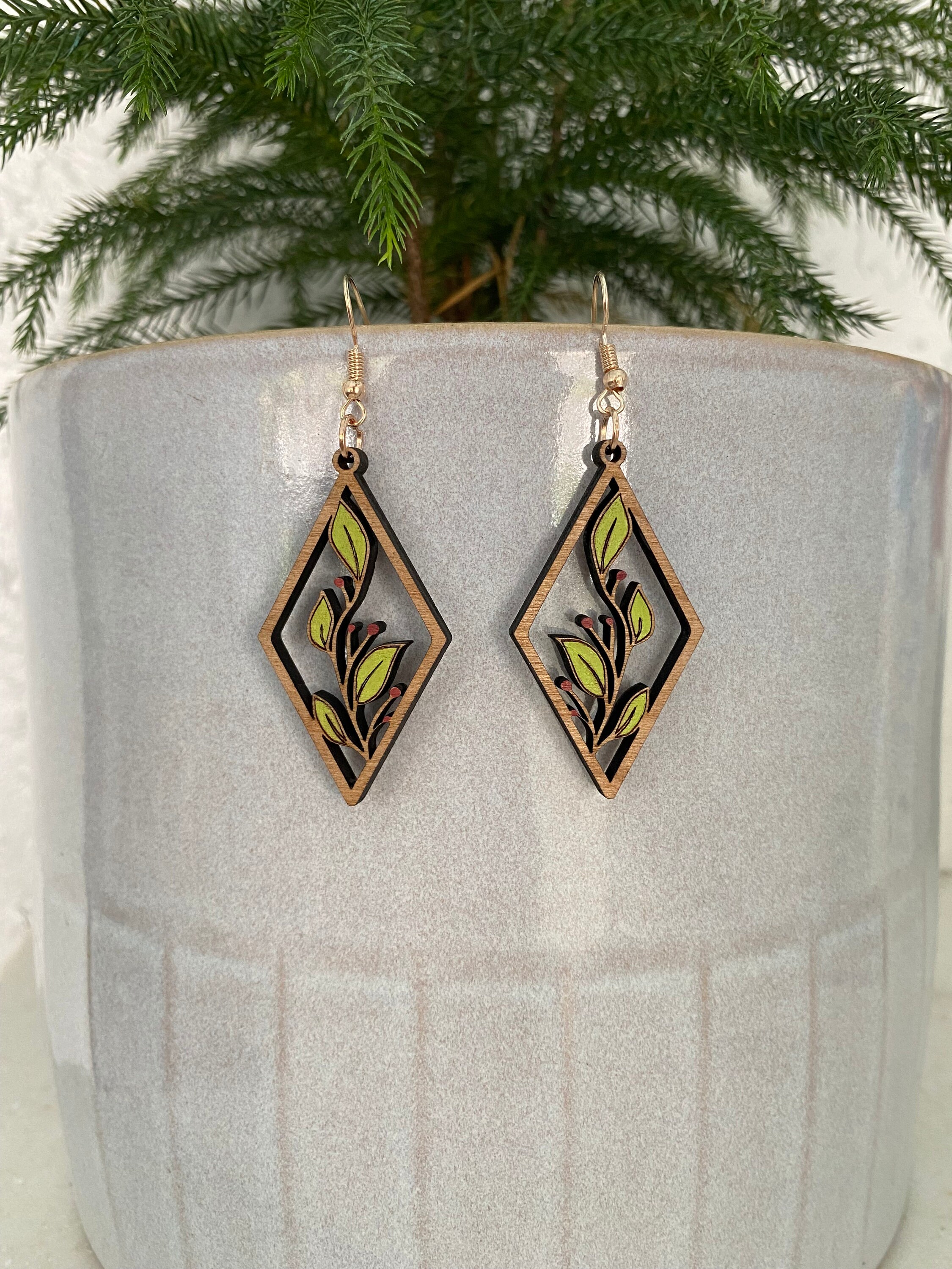 Handmade Lightweight Rhombus Shaped Wood Plant Earrings - Etsy