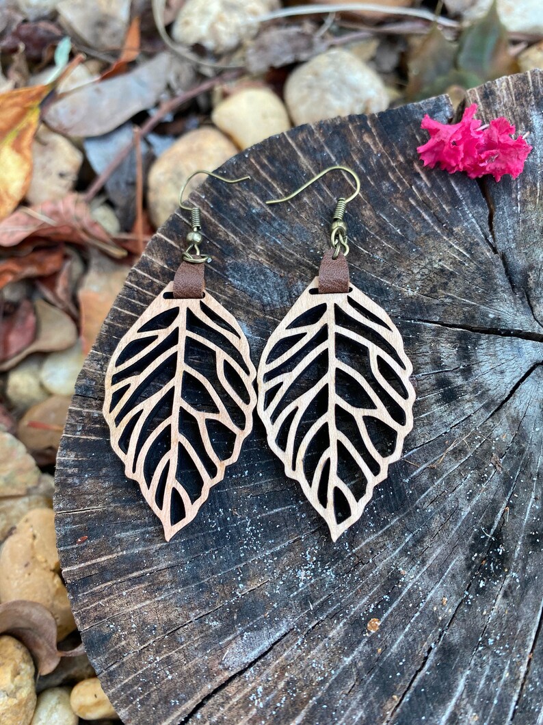 Wood Leaf Earring With Leather / Boho Earrings / Dangle Natural ...