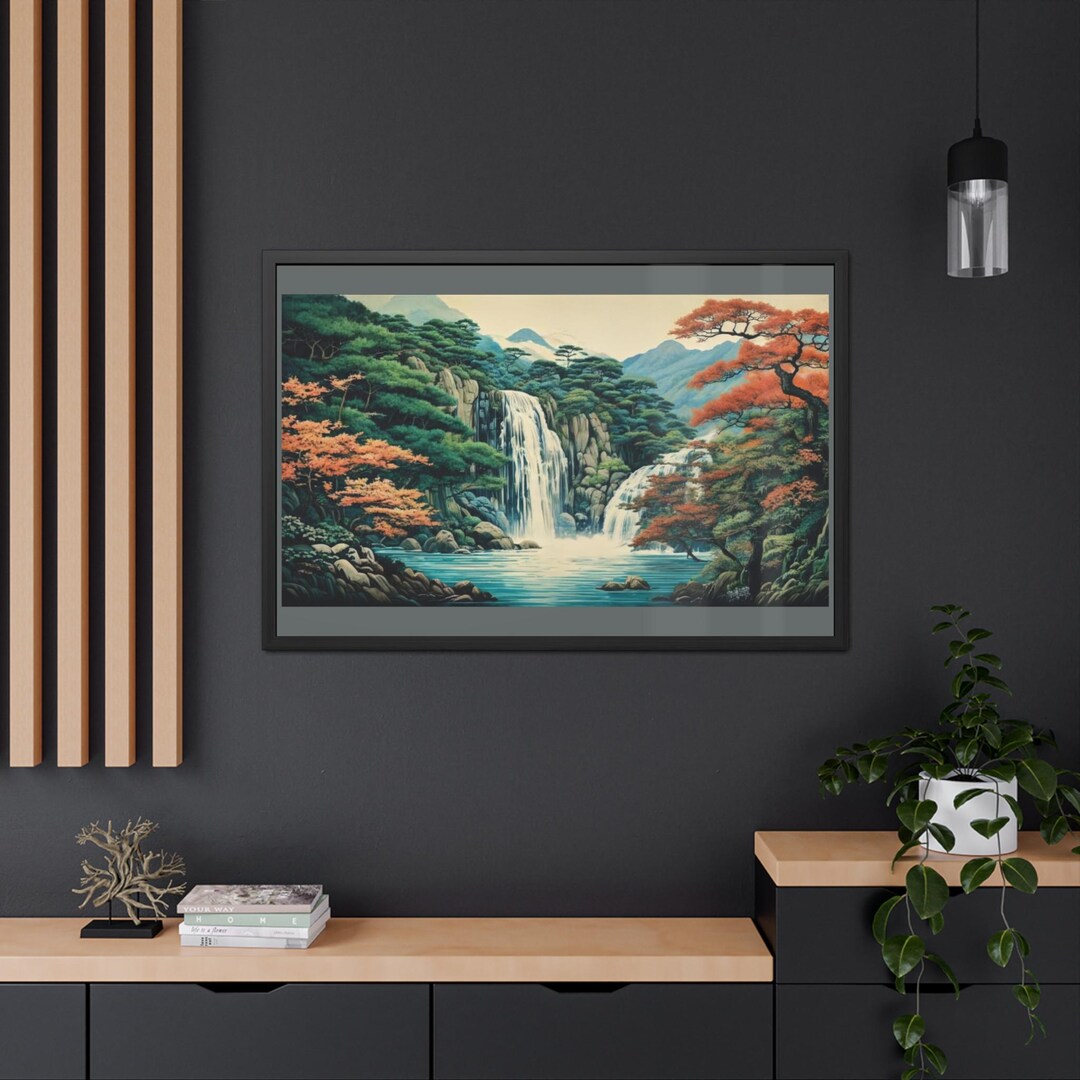 Hokusai Ukiyo-e Japanese Waterfall Framed Poster, Blue Green Japanese ...