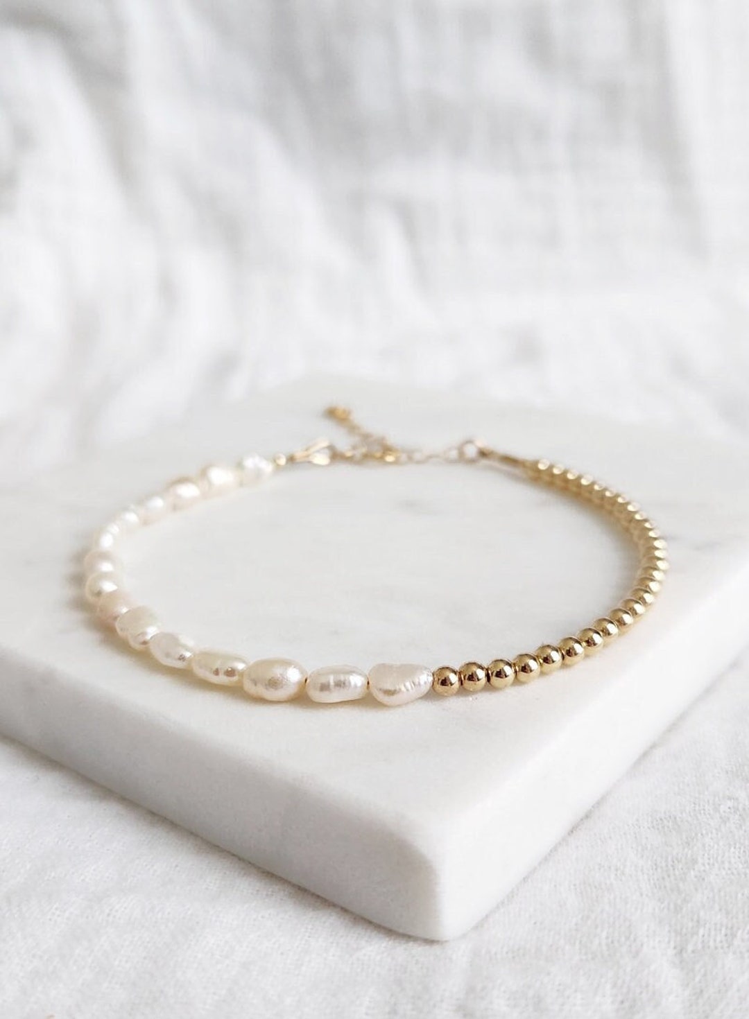 Beaded Pearl And Gold Bracelet Gold Filled Pearl Layering Bracelet Seed Pearl Bracelet Dainty