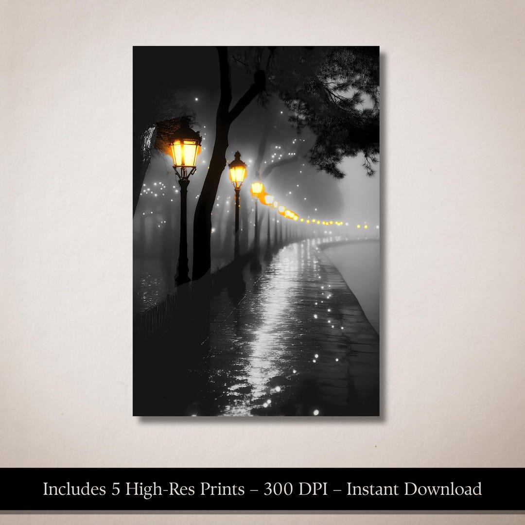 Black and White Nightscape Print: Romantic Street Lamps (digital ...