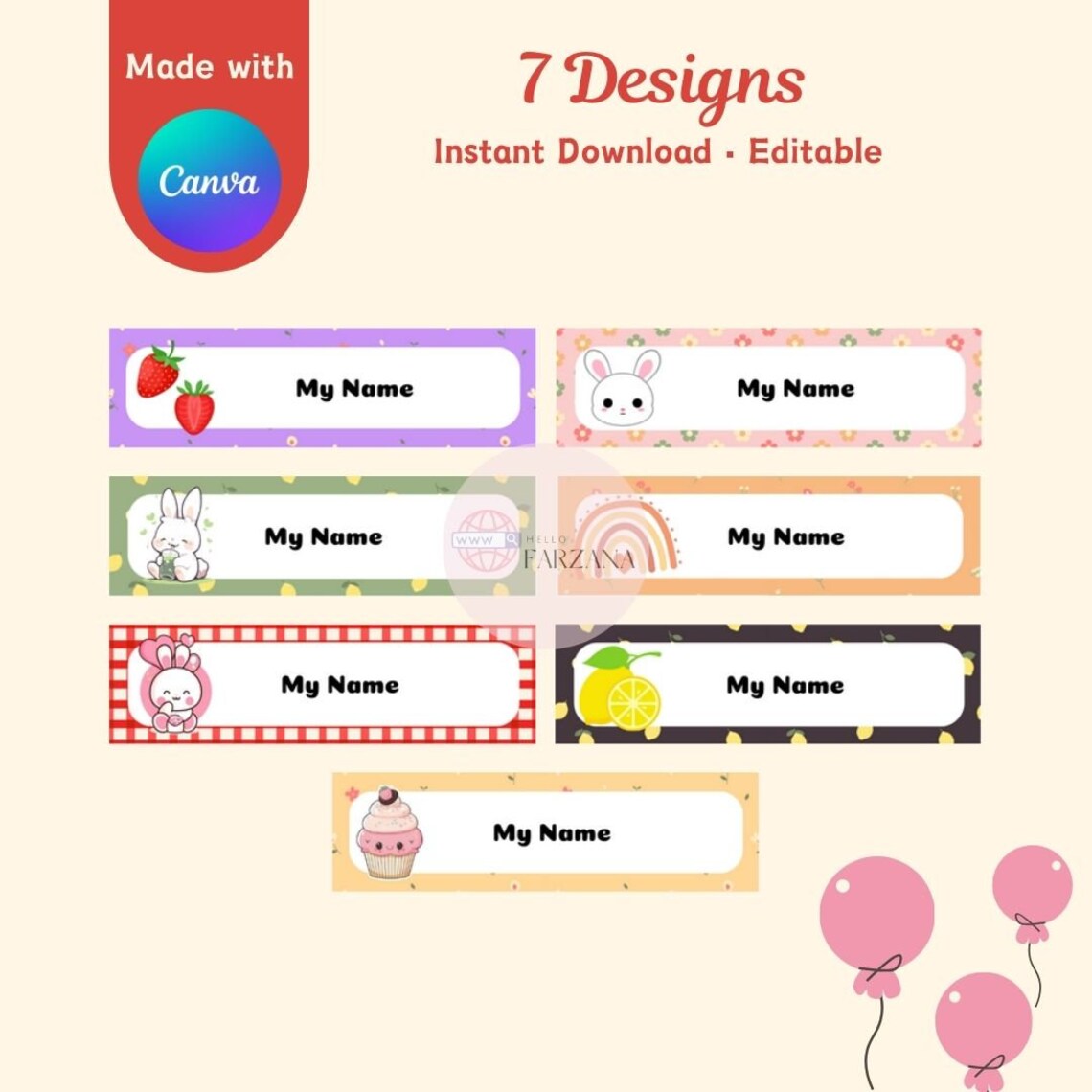 7 Bundle Designs Adorable Colorful Name Labels, Bunny Stickers, Cute ...