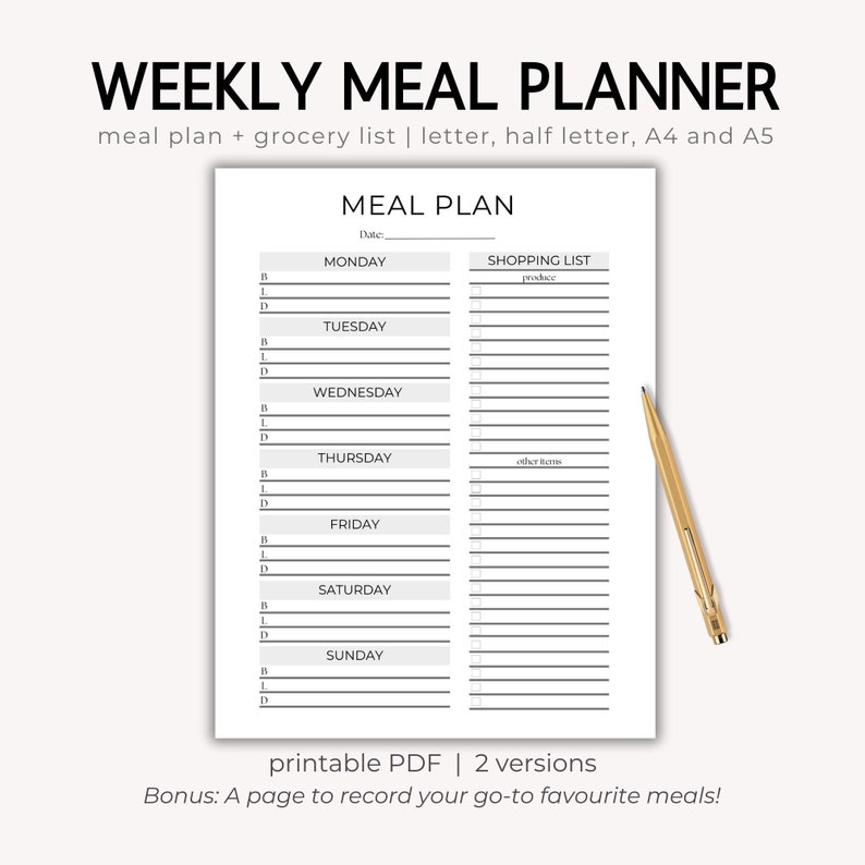 Weekly Meal Planner With Grocery List Printable, 7 Day Menu Plan, Food ...