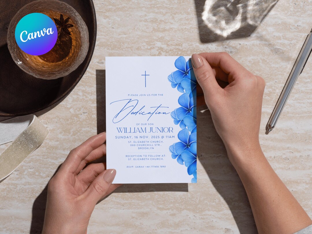 Blue Floral Baby Dedication Invitation | Canva Editable (digital ...