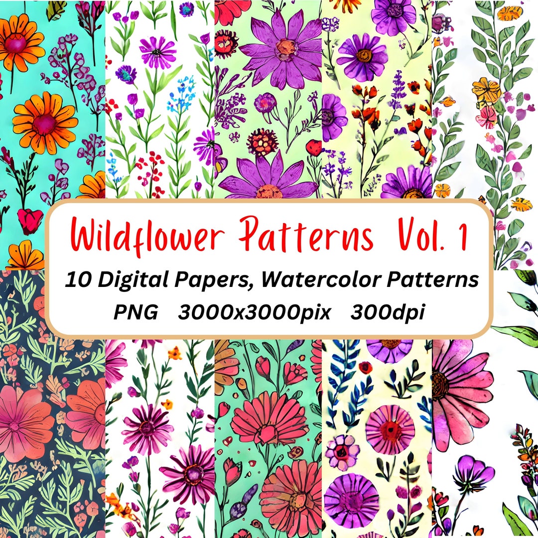 Wildflower Patterns, 10 Digital Paper Bundle, Watercolor Repeated ...