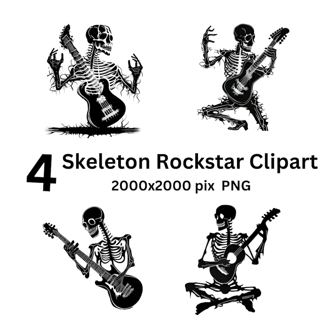 Rockstar Skeleton Bundle, 4 Funny Clipart PNG, Vector Clipart, Guitar ...