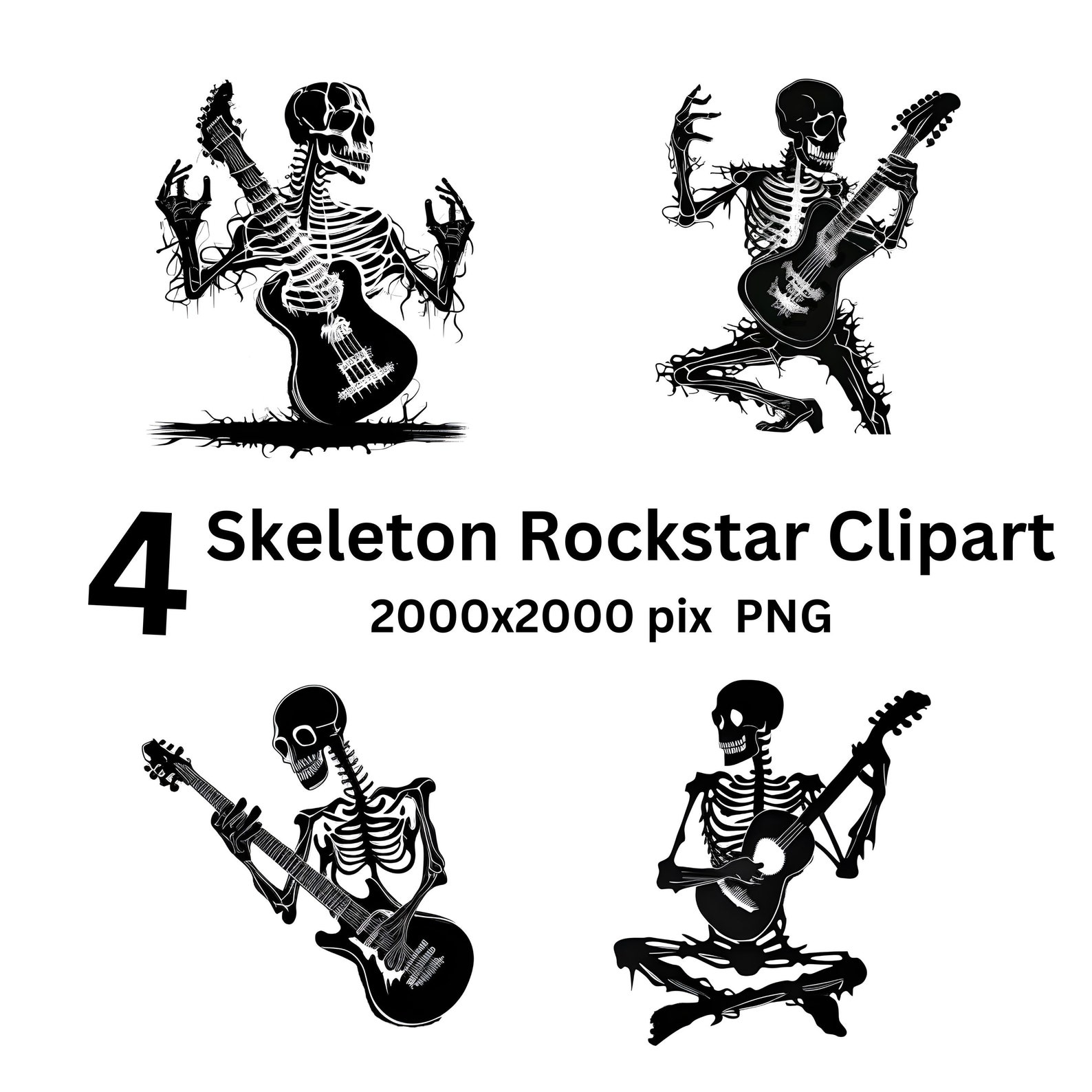 Rockstar Skeleton Bundle, 4 Funny Clipart PNG, Vector Clipart, Guitar ...