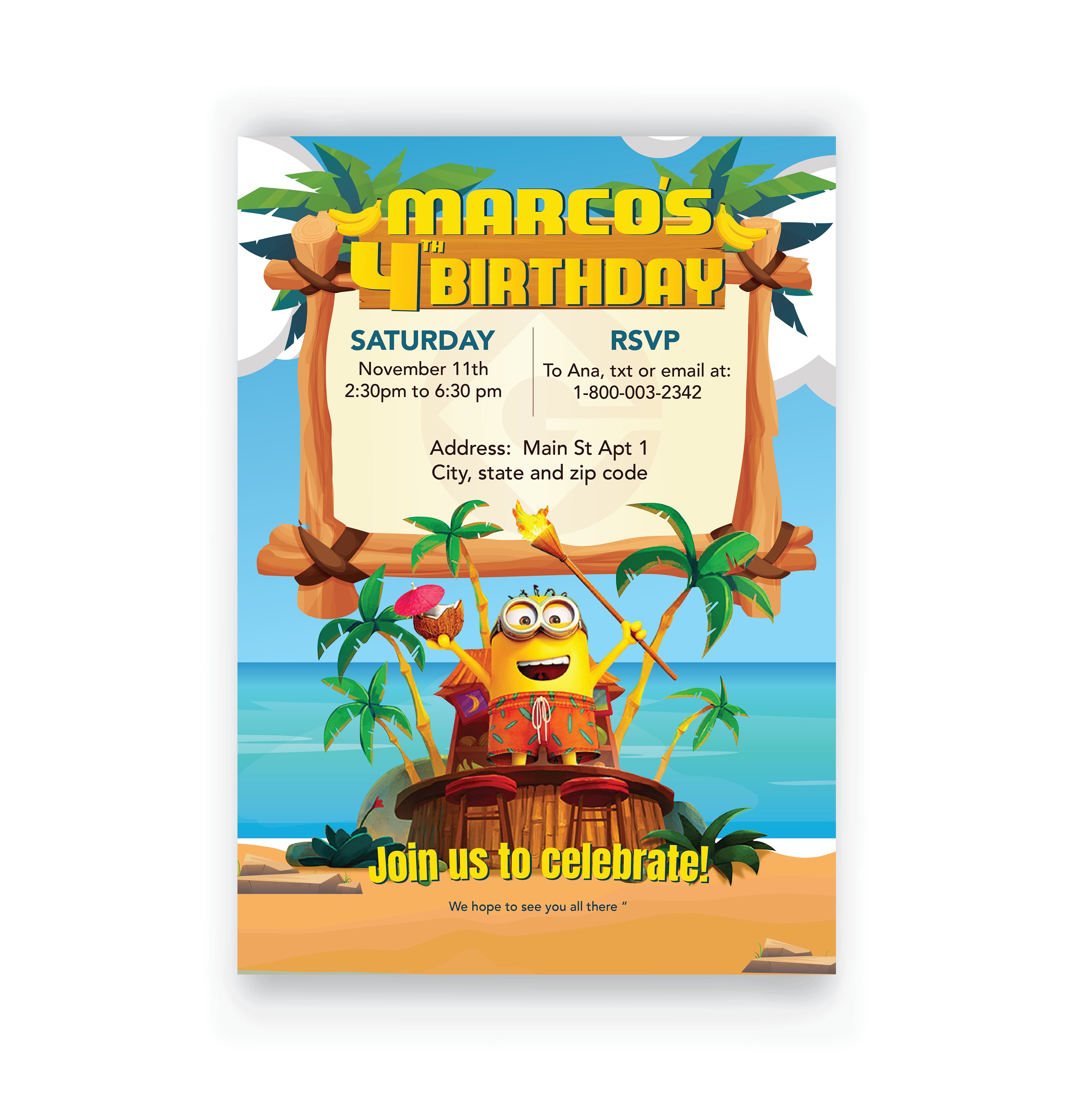 Minions Birthday Invitation | Digital Pool or Tiki Party Invite ...