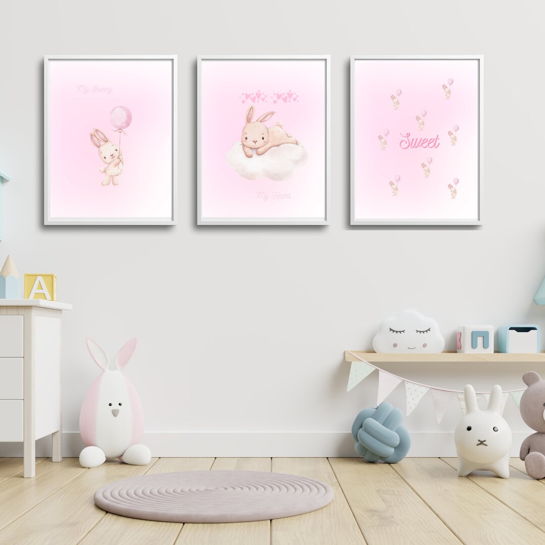 Set of 3 Adorable Bunny Kid's Art Printable Pink Bunnies Nursery Decor ...