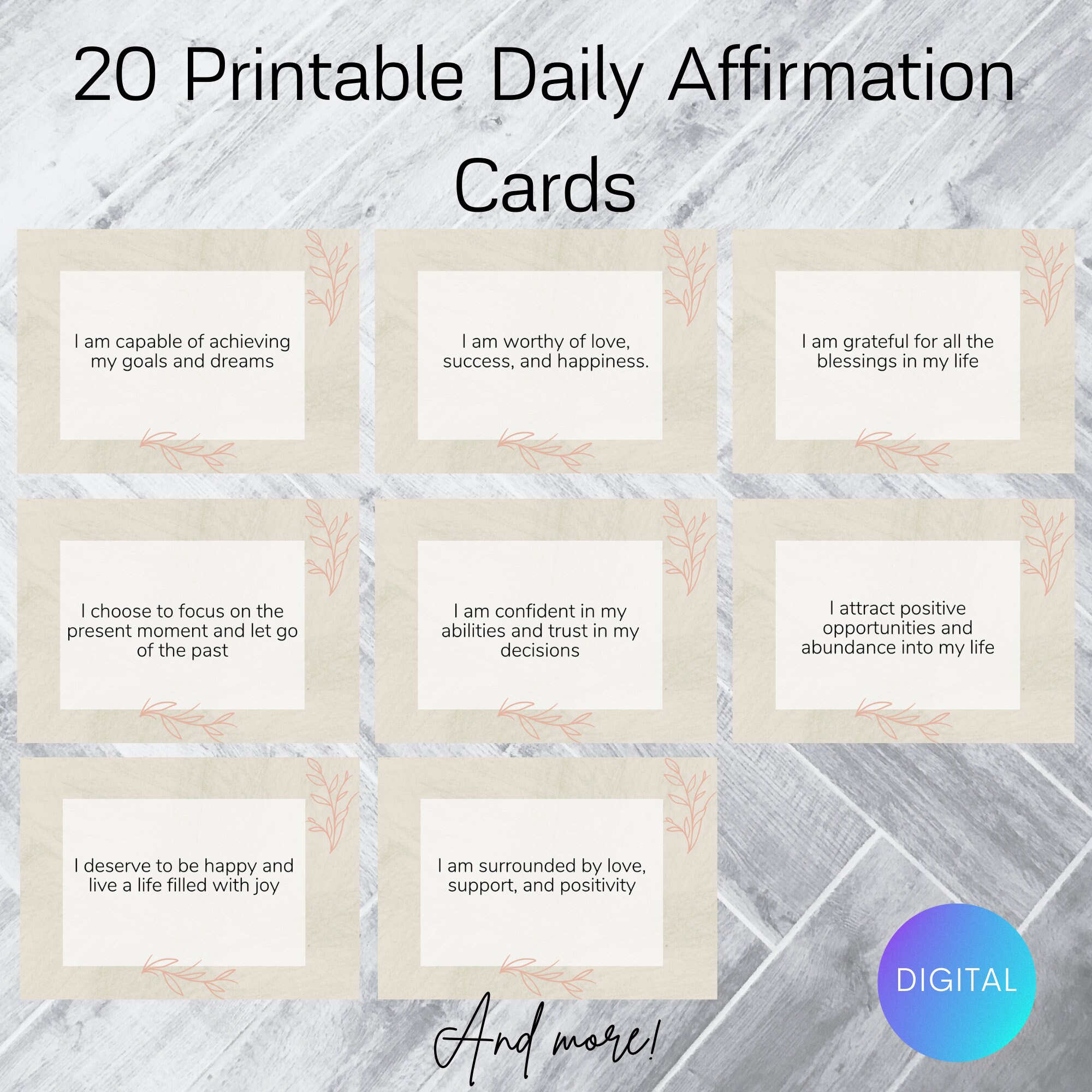 Digital Printable Affirmation Cards, 20 Affirmation Cards for Self Love ...