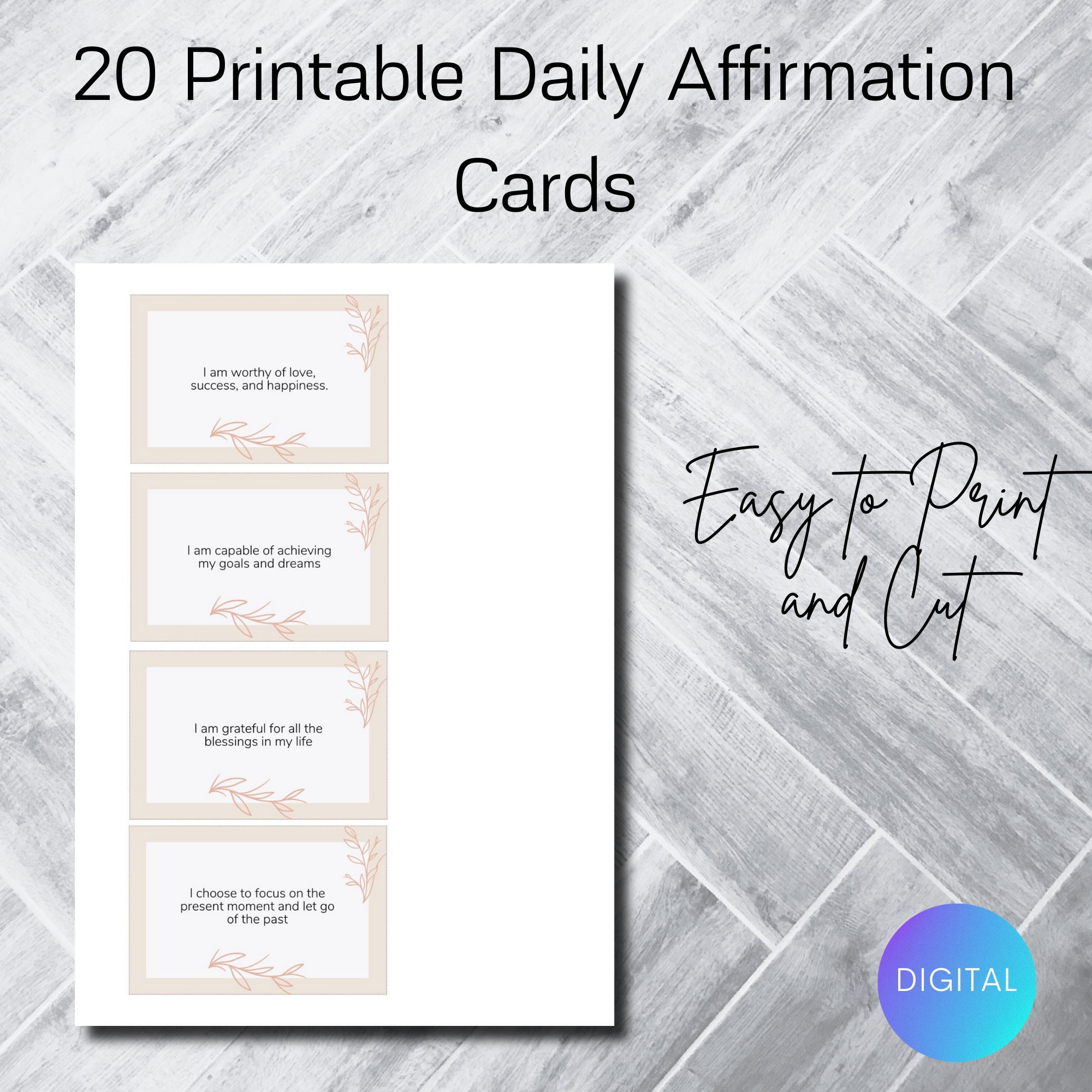 Digital Printable Affirmation Cards, 20 Affirmation Cards for Self Love ...
