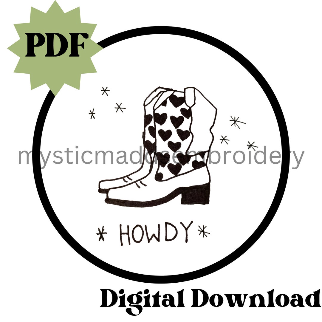 Howdy, Cowgirl Boot, Heart Detailing, Embroidery Template, Digital ...
