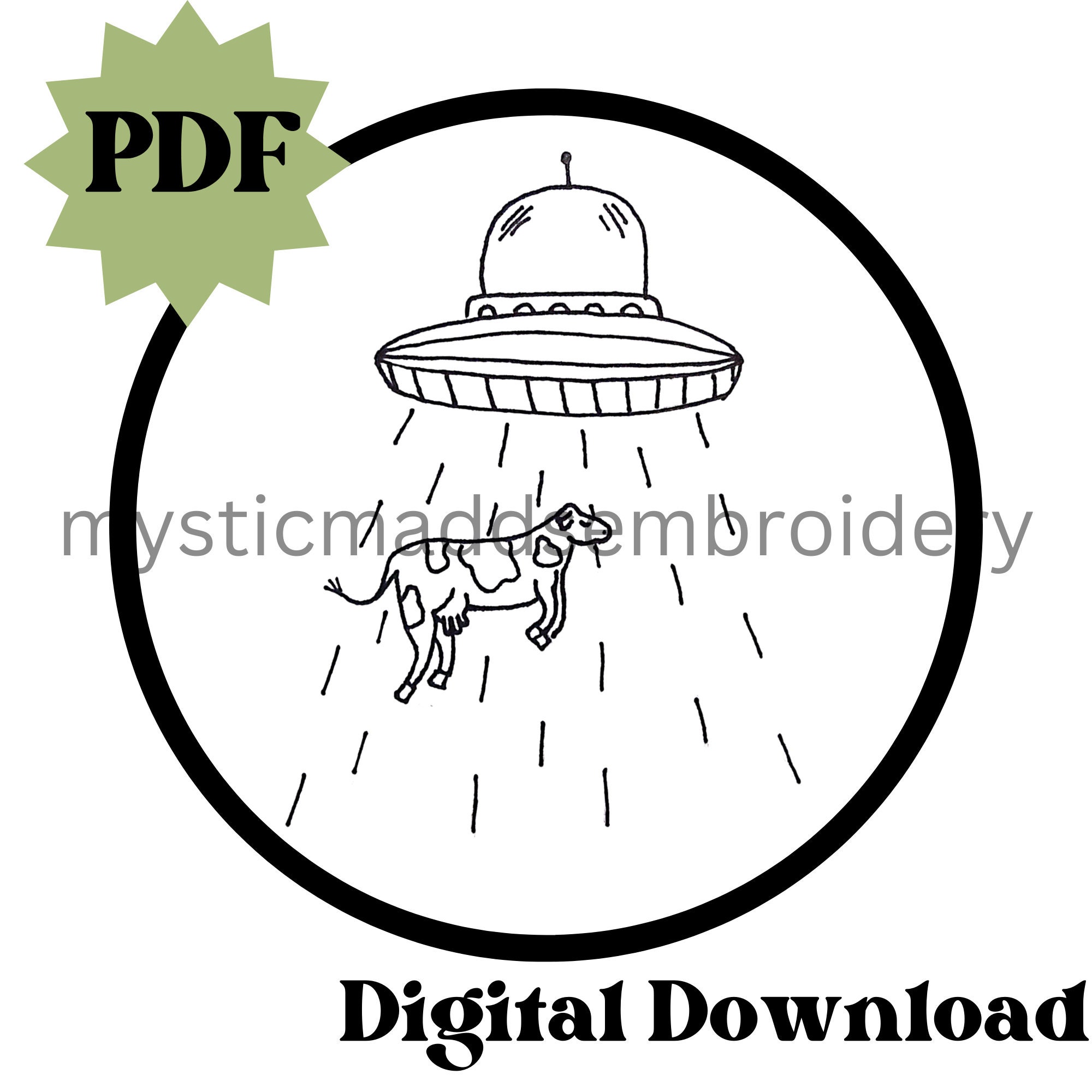 UFO PDF Embroidery Pattern - UFO Design, Space Alien, Cow Abduction ...