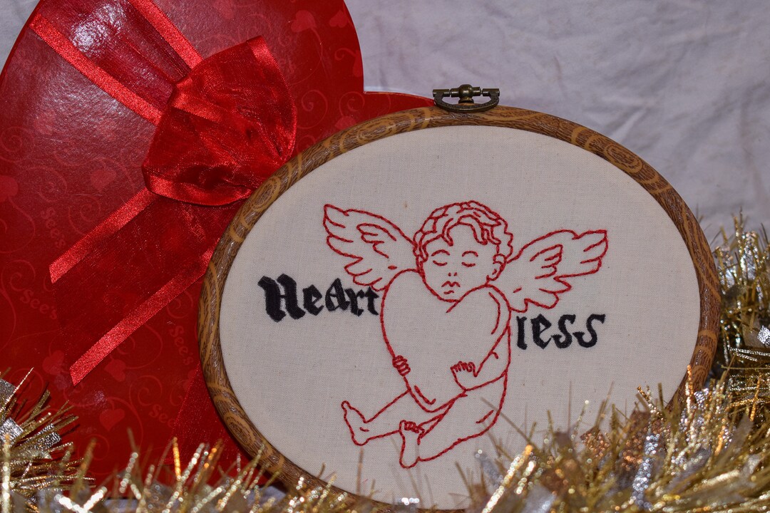 Heartless, Fine Line Cherub, Embroidered Art, Tattoo Inspired, Modern ...