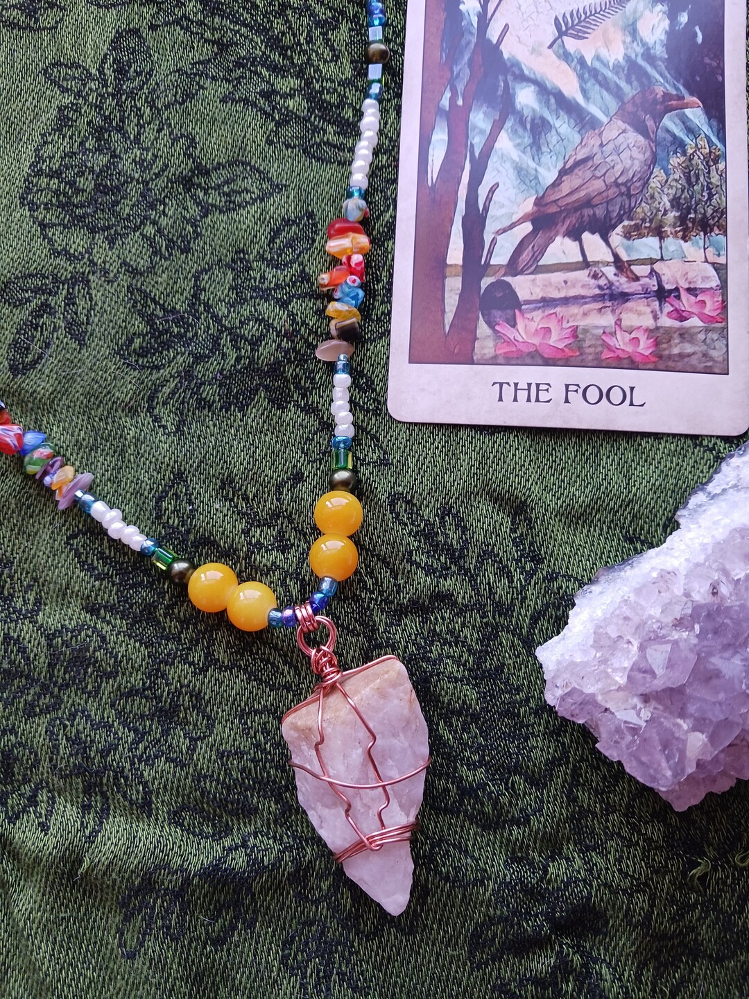 Tarot Necklace the Fool Unique Wirewrapped Quartz Shard Beaded Necklace ...