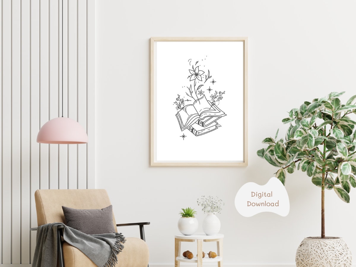 Book Line Art,book Prints, Floral Line Art, Gifts for Book Lovers ...