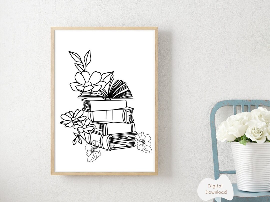 Book Line Art,book Prints,floral Line Art Gifts for Book Lovers ...