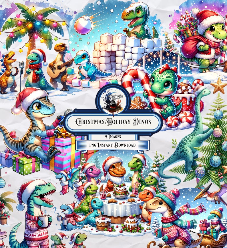 Christmas Dinosaur Clipart Bundle, Holiday Dino, Festive Cartoon ...
