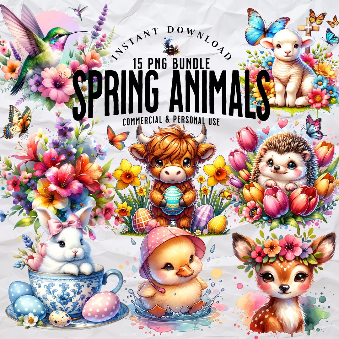 Spring Animals Clipart Bundle, 15 PNG Cute Pastel Wildlife ...