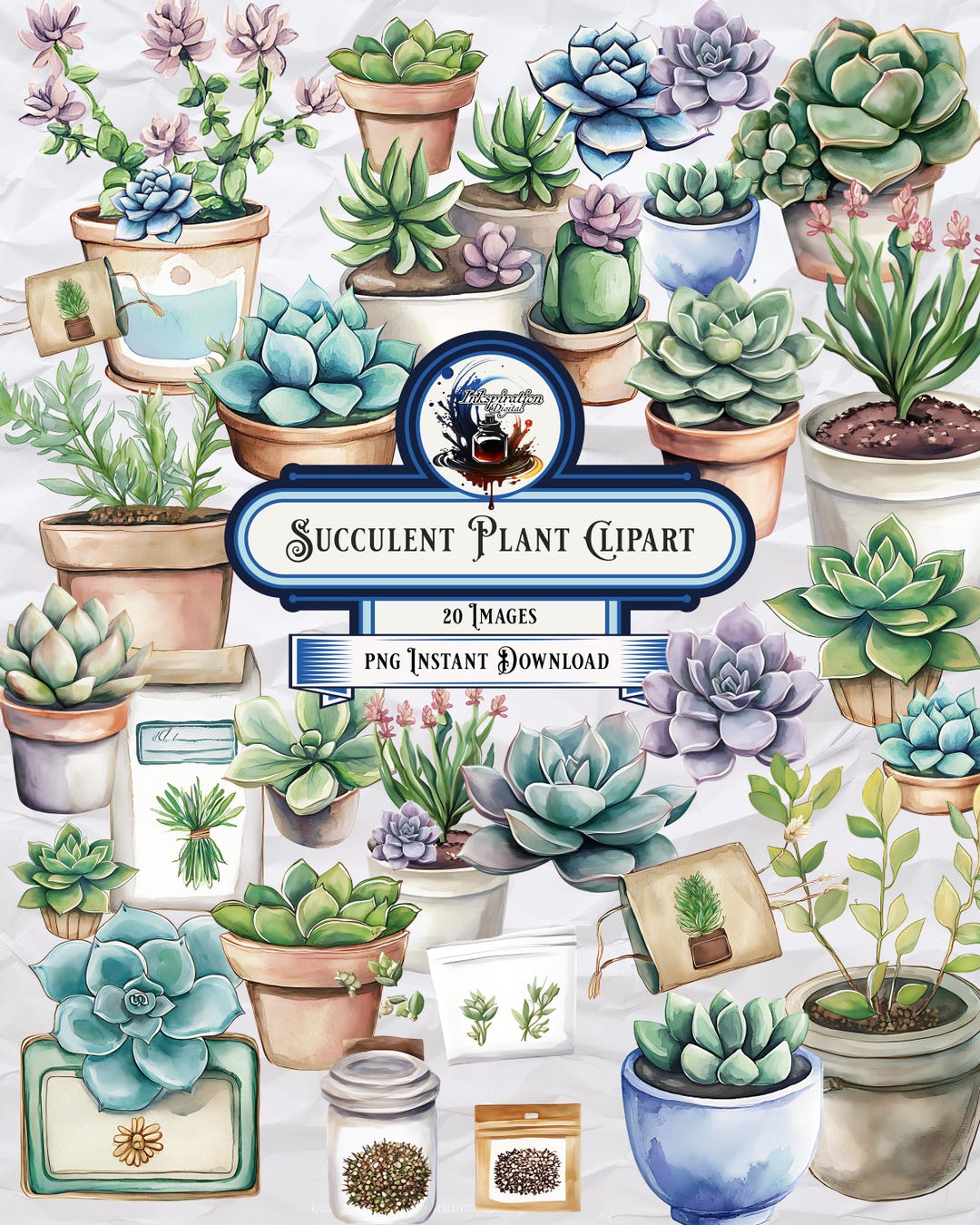 Succulent Clipart Bundle - Watercolor Potted Plants, Boho Greenery ...