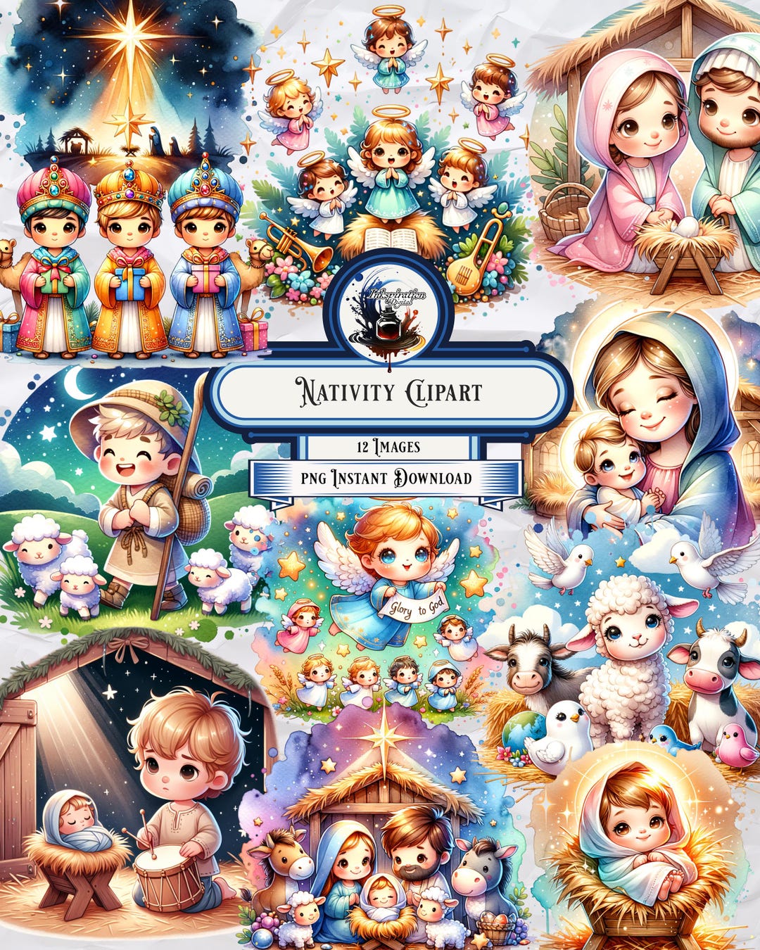 Cute Nativity Clipart Bundle, Christmas Manger, Digital PNG Download of ...