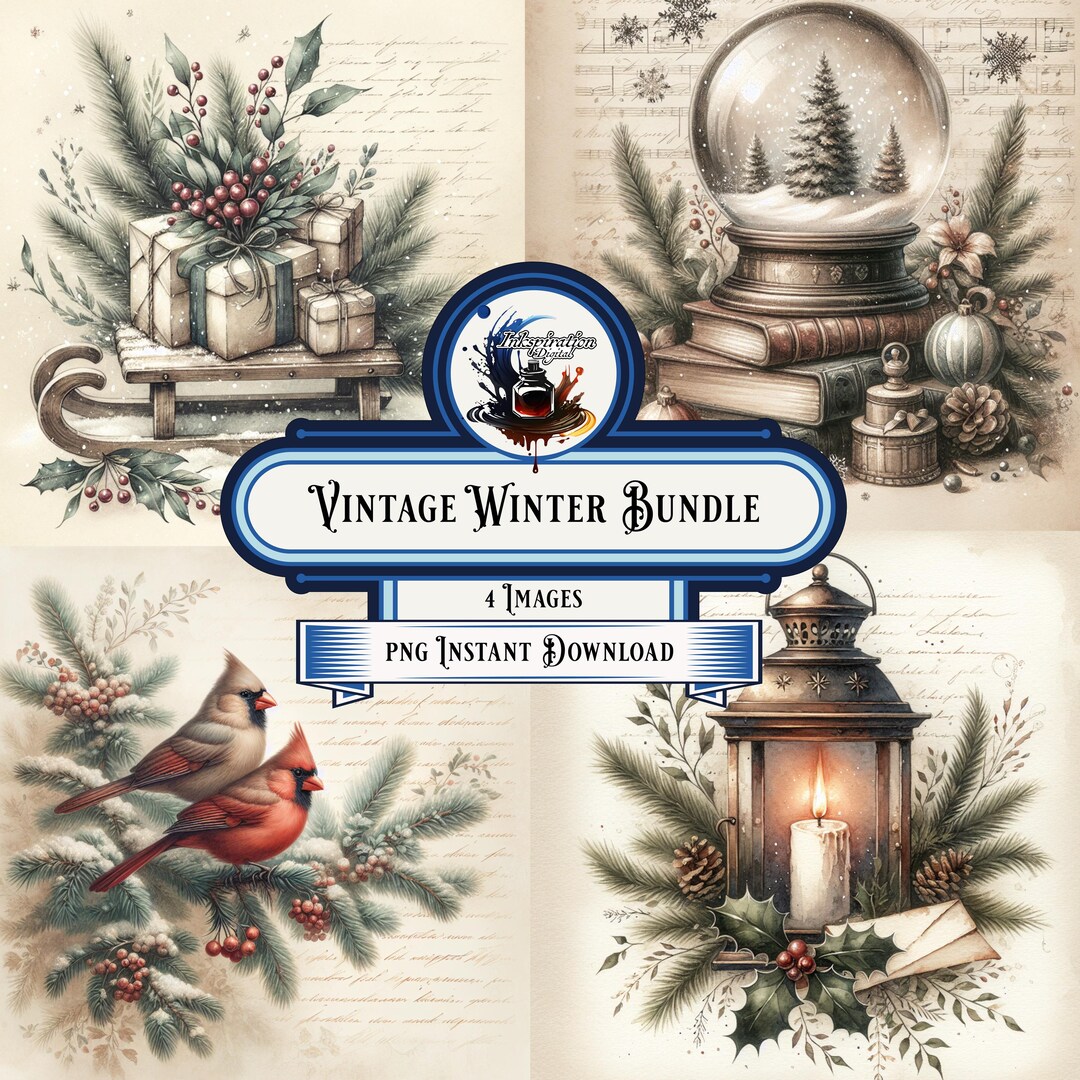 Vintage Classy Winter Art Bundle - Snow-dusted Pine and Berries ...