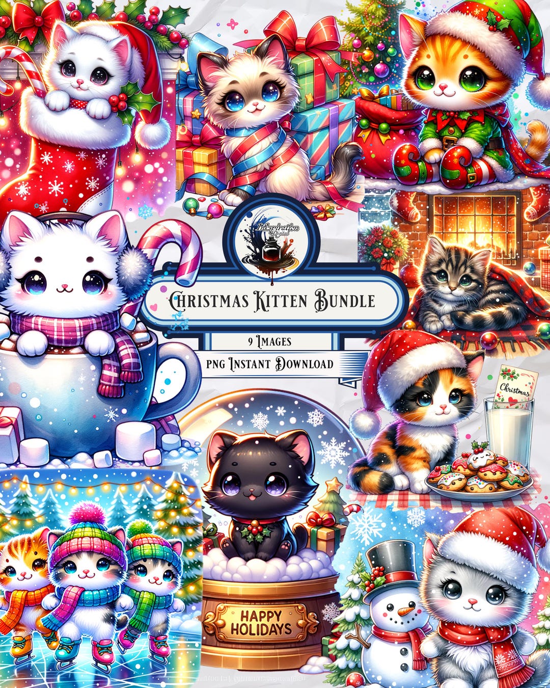 Christmas Kitten Clipart Bundle, Cute Festive Cat Illustrations ...